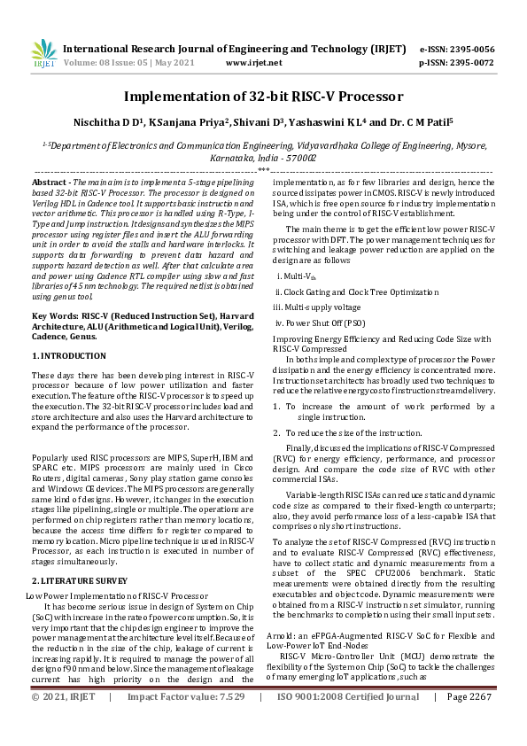 Pdf Irjet Implementation Of 32 Bit Risc V Processor