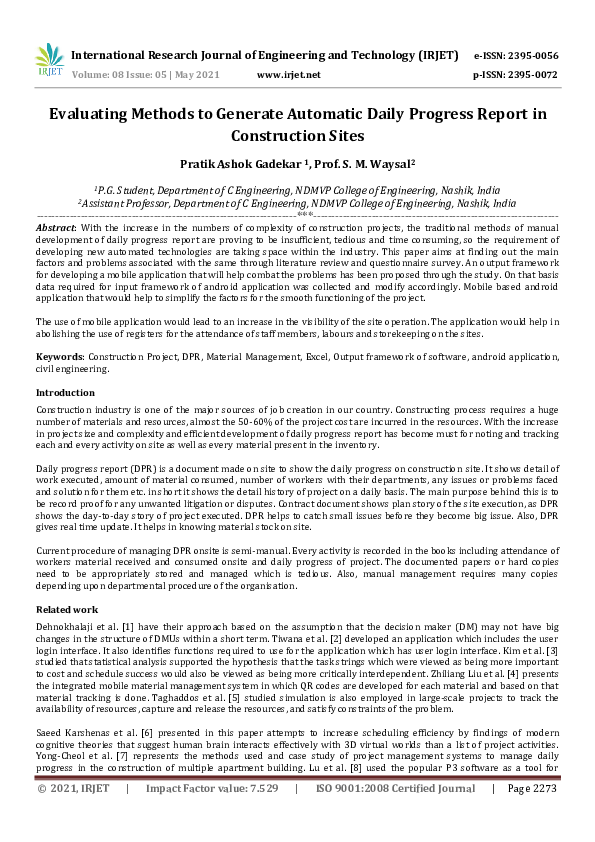 (PDF) IRJET- Evaluating Methods to Generate Automatic Daily Progress ...