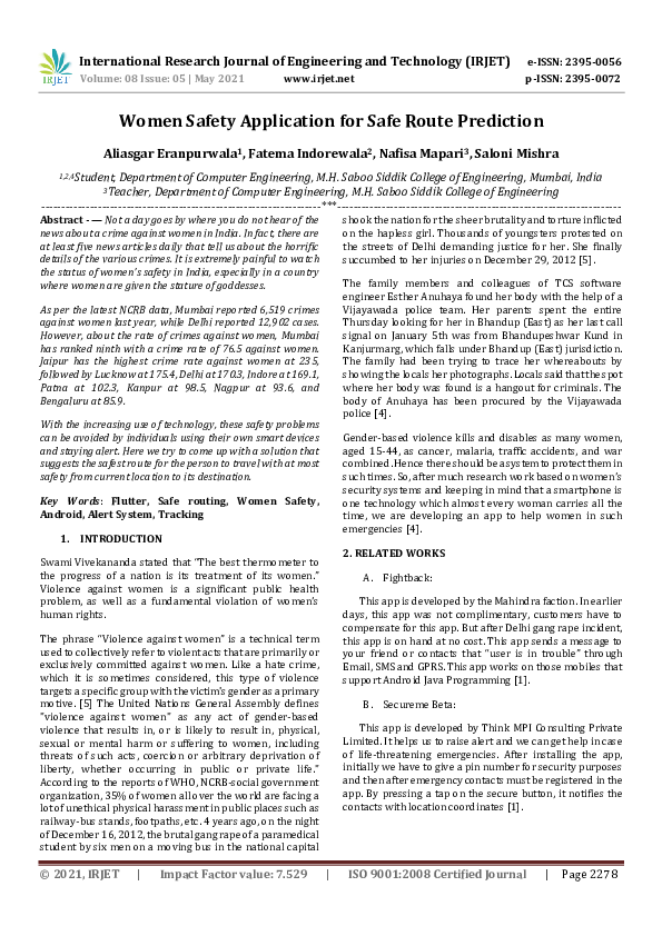 (PDF) IRJET- Women Safety Application for Safe Route Prediction (PDF) IRJET- Women Safety Application for Safe Route Prediction