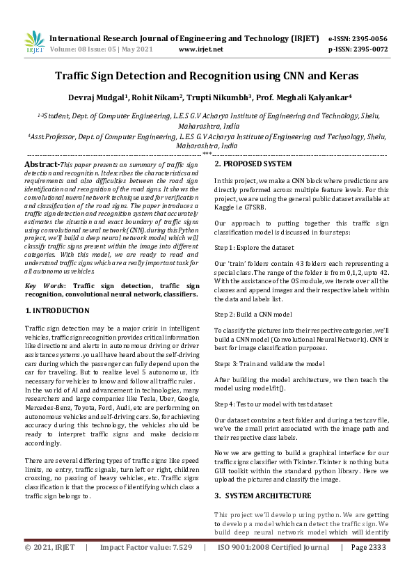 (PDF) IRJET- Traffic Sign Detection and Recognition using CNN and Keras
