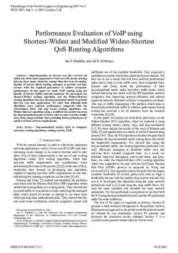 Pdf Performance Evaluation Of Voip Using Shortest Widest And Modified Widest Shortest Qos