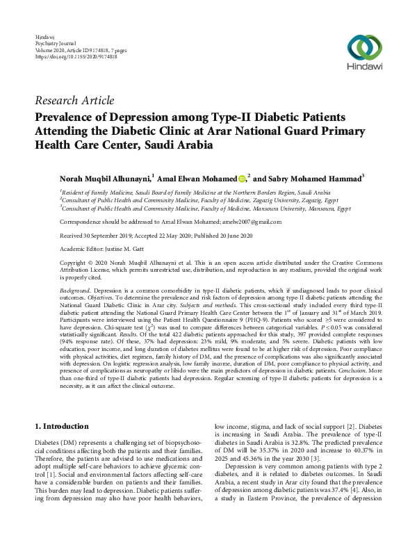 (PDF) Depression Prevalence in Type-II Diabetics, Saudi Arabia