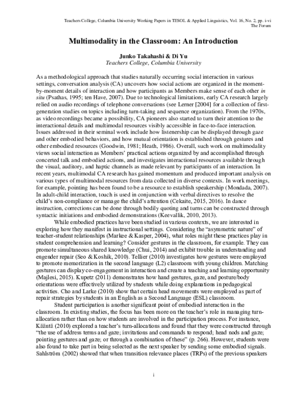 (PDF) Multimodality in the Classroom: An Introduction