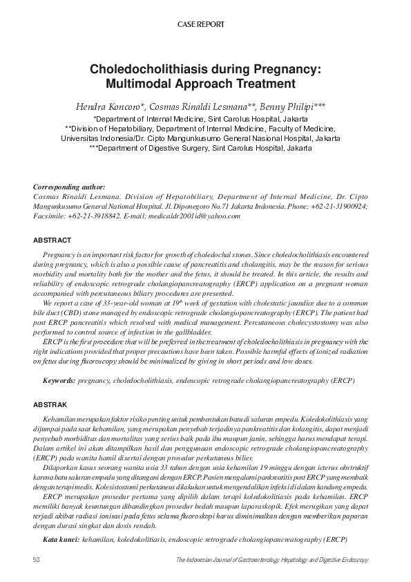 (PDF) Choledocholithiasis during Pregnancy: Multimodal Approach Treatment