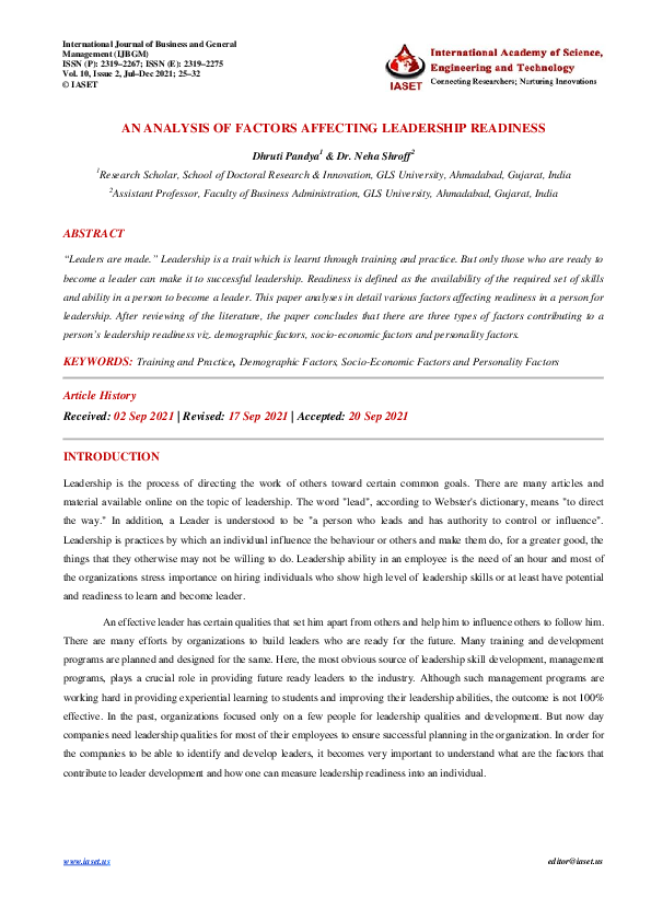 (PDF) AN ANALYSIS OF FACTORS AFFECTING LEADERSHIP READINESS
