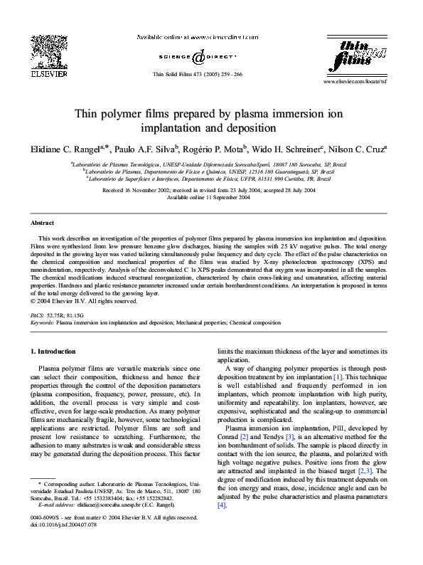 (PDF) Thin polymer films prepared by plasma immersion ion implantation and deposition | Nilson ...