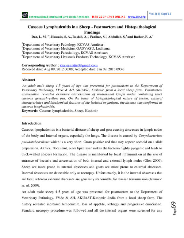 (PDF) Caseous Lymphadenitis in a Sheep - Postmortem and ...