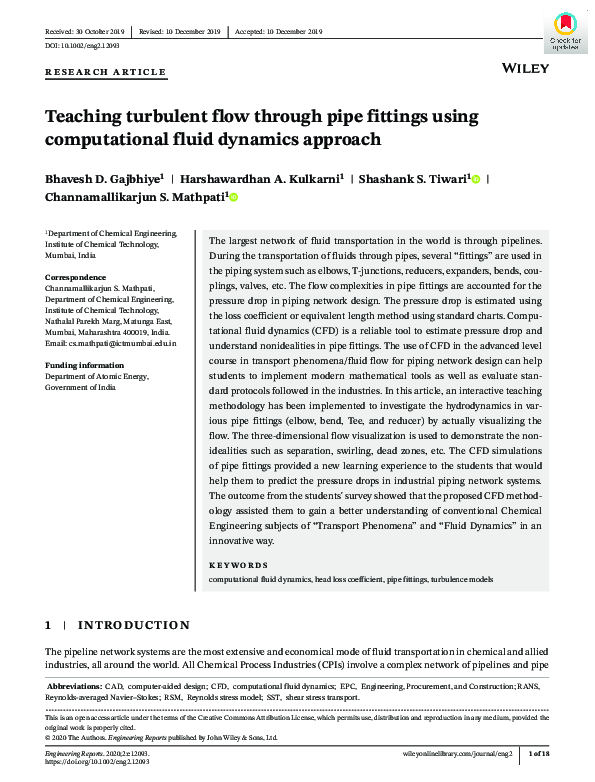 (PDF) Teaching turbulent flow through pipe fittings using computational fluid dynamics approach