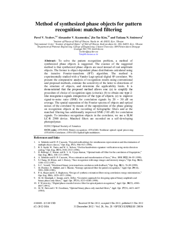Pdf Method Of Synthesized Phase Objects For Pattern Recognition Matched Filtering