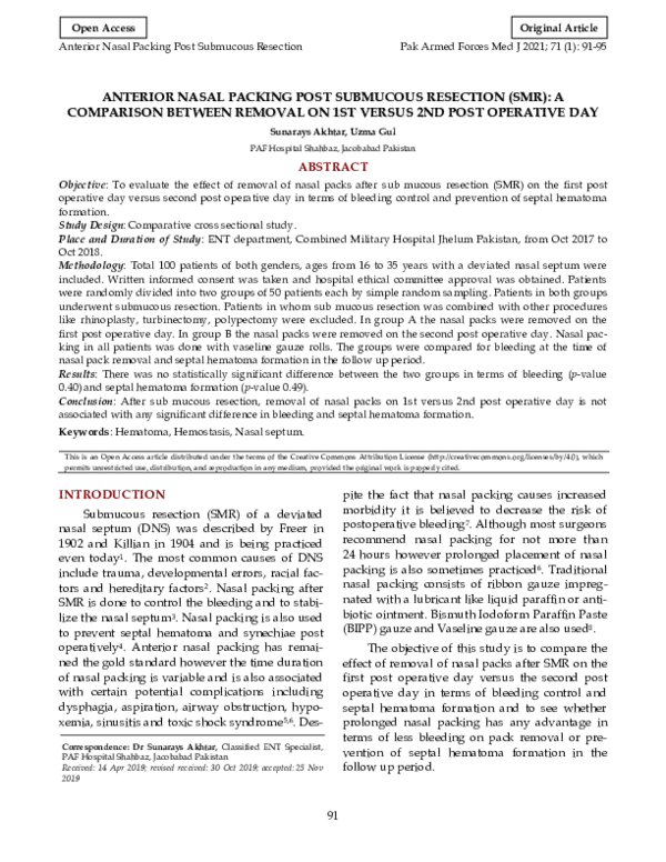 (PDF) Anterior Nasal Packing Post Submucous Resection (SMR): A ...
