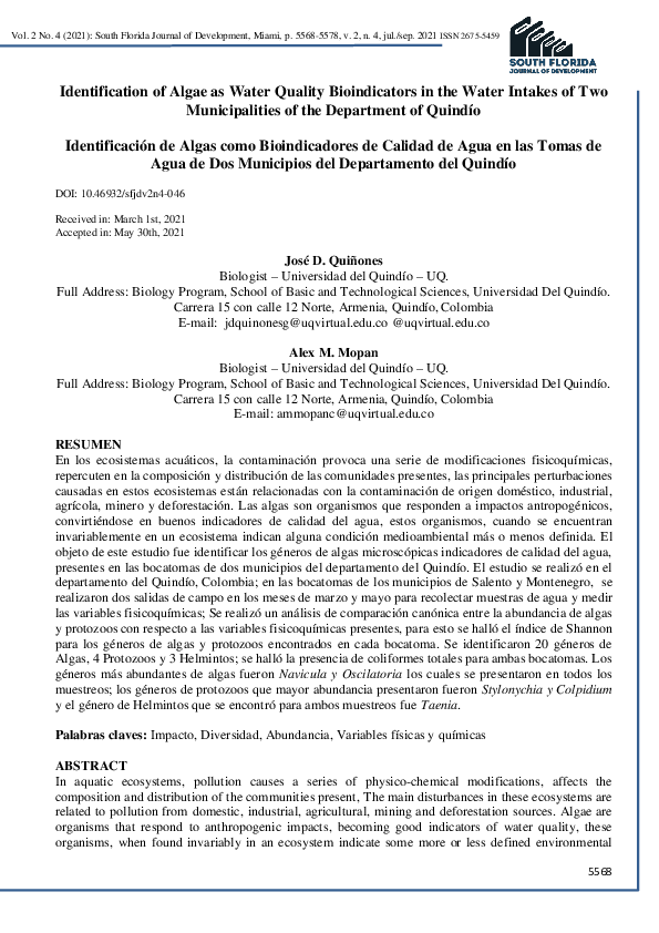 (PDF) Identification of Algae as Water Quality Bioindicators in the ...