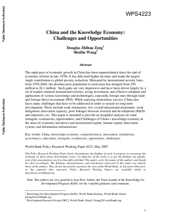 (PDF) China And The Knowledge Economy : Challenges And Opportunities