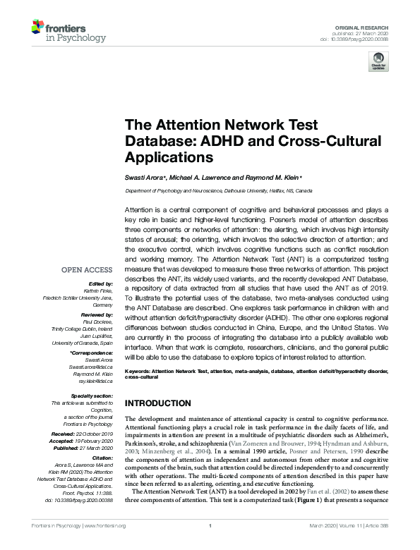 (PDF) The Attention Network Test Database: ADHD and Cross-Cultural ...