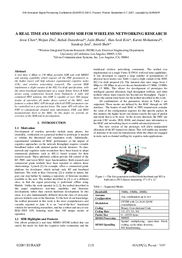 Pdf A Real Time 4x4 Mimo Ofdm Sdr For Wireless Networking Research Karim Mohamed