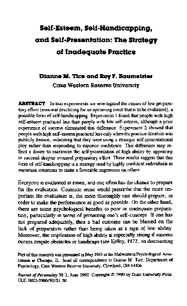 (PDF) Self-Esteem, Self-Handicapping, and Self-Presentation: The ...