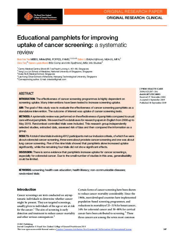 (PDF) Educational pamphlets for improving uptake of cancer screening: a ...