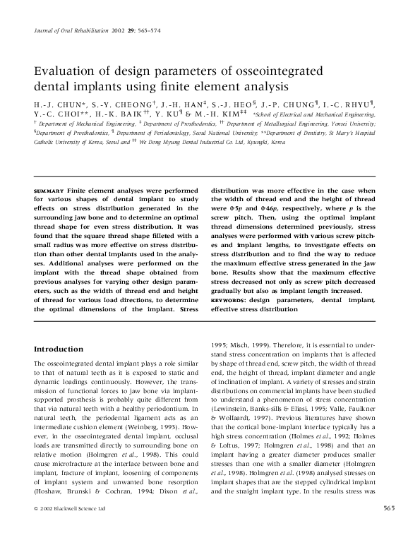 Pdf Evaluation Of Design Parameters Of Osseointegrated Dental Implants Using Finite Element