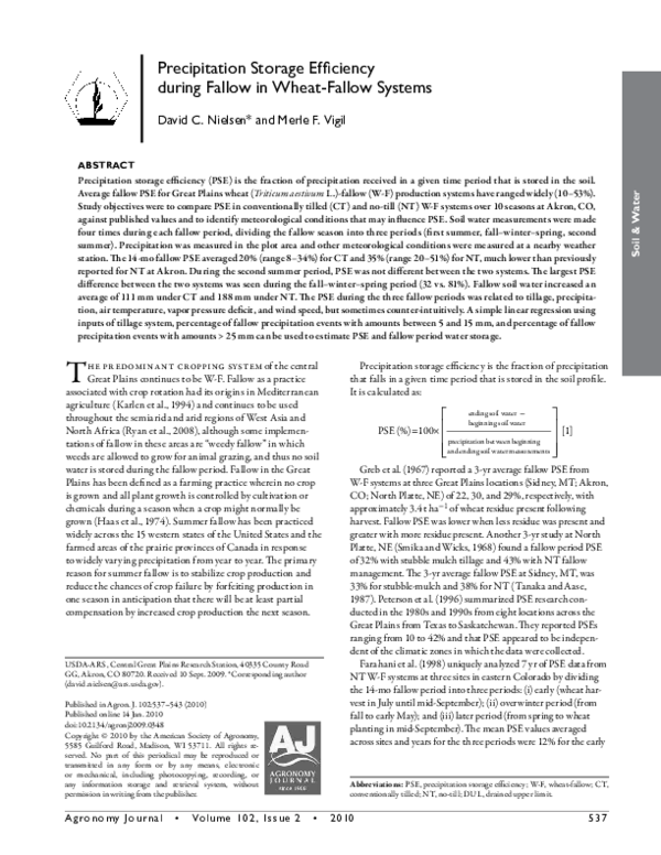 (PDF) Precipitation Storage Efficiency during Fallow in Wheat-Fallow ...