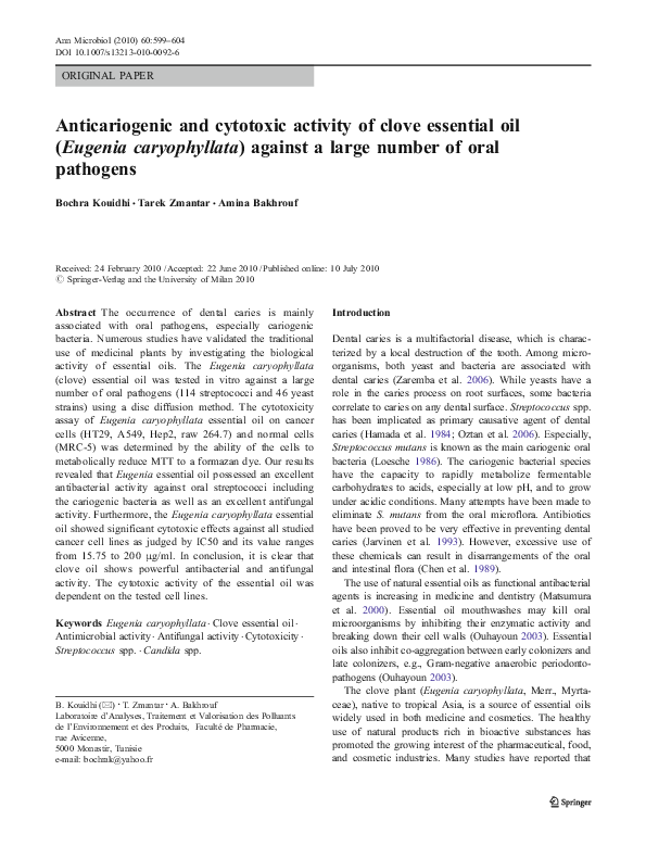 (PDF) Anticariogenic and cytotoxic activity of clove essential oil ...