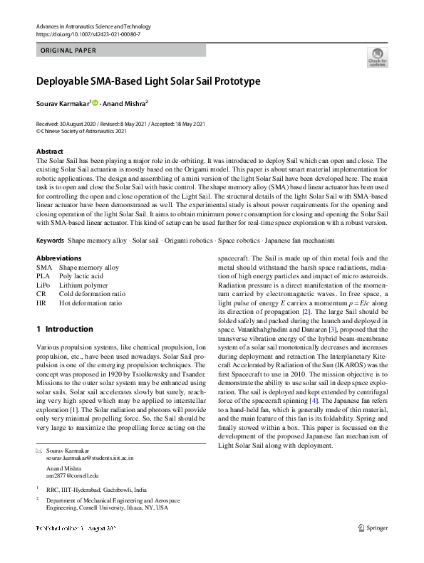 (PDF) Deployable SMA-Based Light Solar Sail Prototype