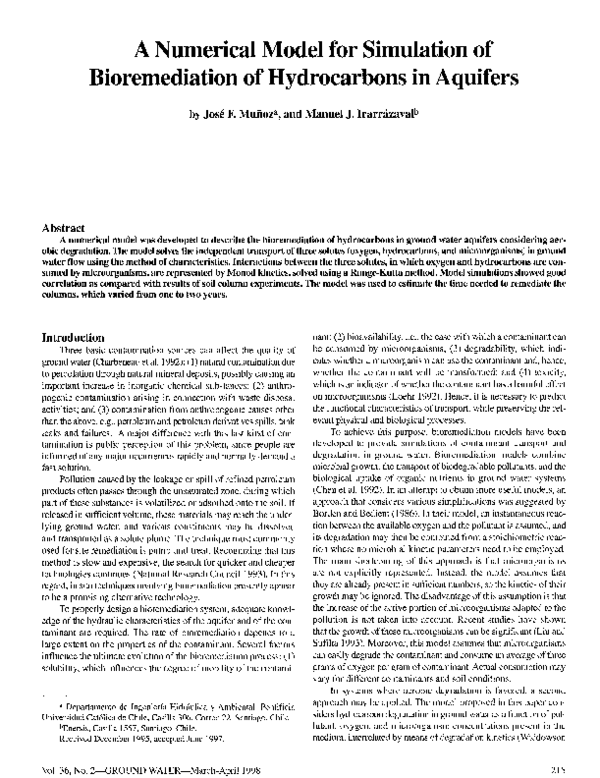 (PDF) A Numerical Model for Simulation of Bioremediation of Hydrocarbons in Aquifers