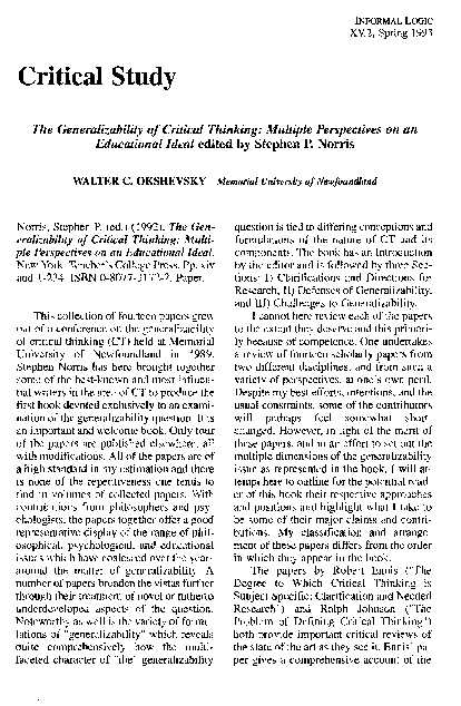 (PDF) The Generalizability of Critical Thinking: Multiple Perspectives ...