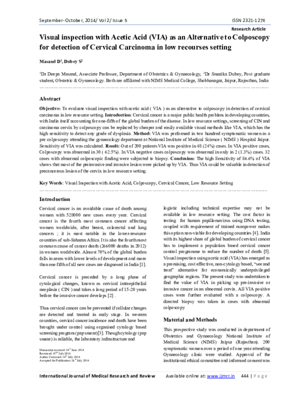 (PDF) Visual inspection with Acetic Acid (VIA) as an Alternative to ...
