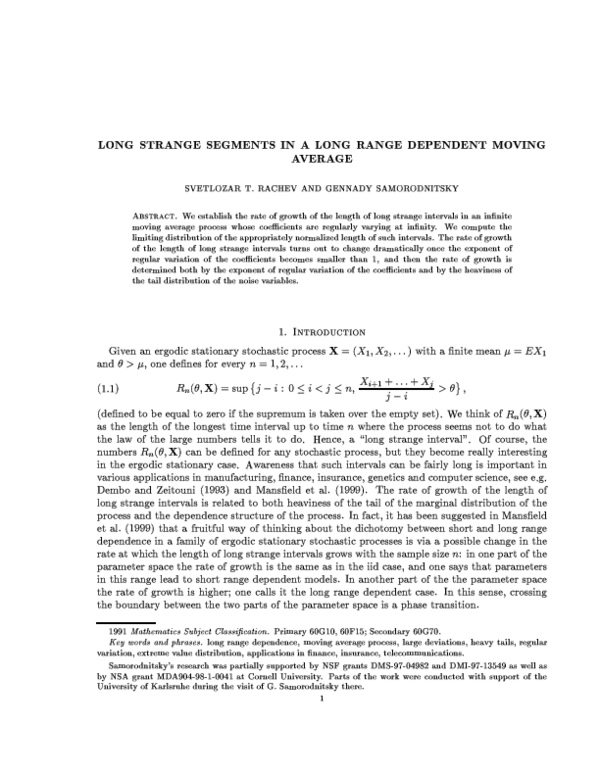 (PDF) Long strange segments in a long-range-dependent moving average | Zari Rachev - Academia.edu
