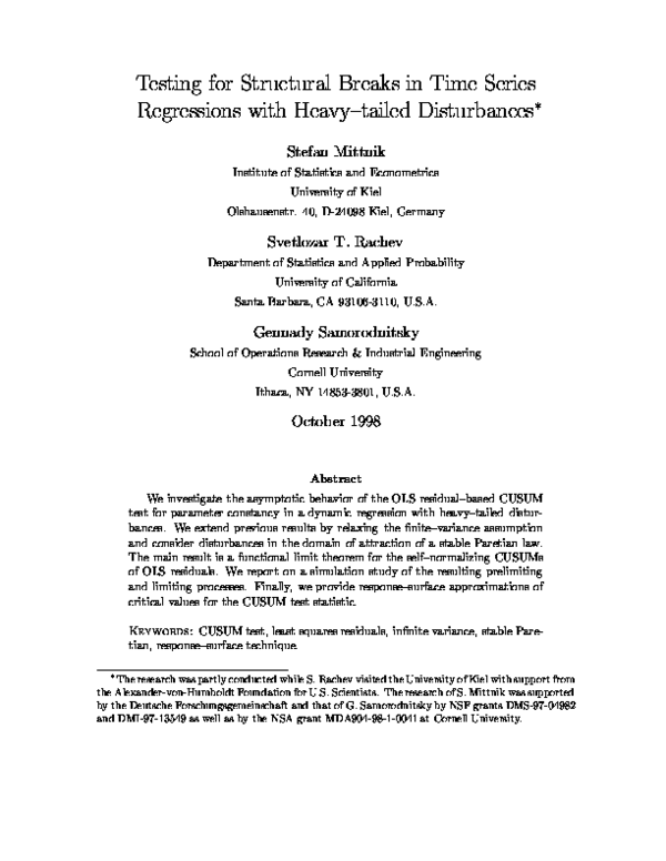 Pdf Testing For Structural Breaks In Time Series Regressions With Heavy Tailed Disturbances