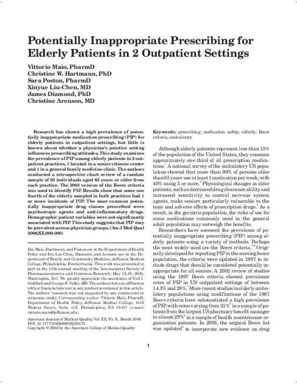 (PDF) Potentially inappropriate prescribing for elderly patients in 2 outpatient settings
