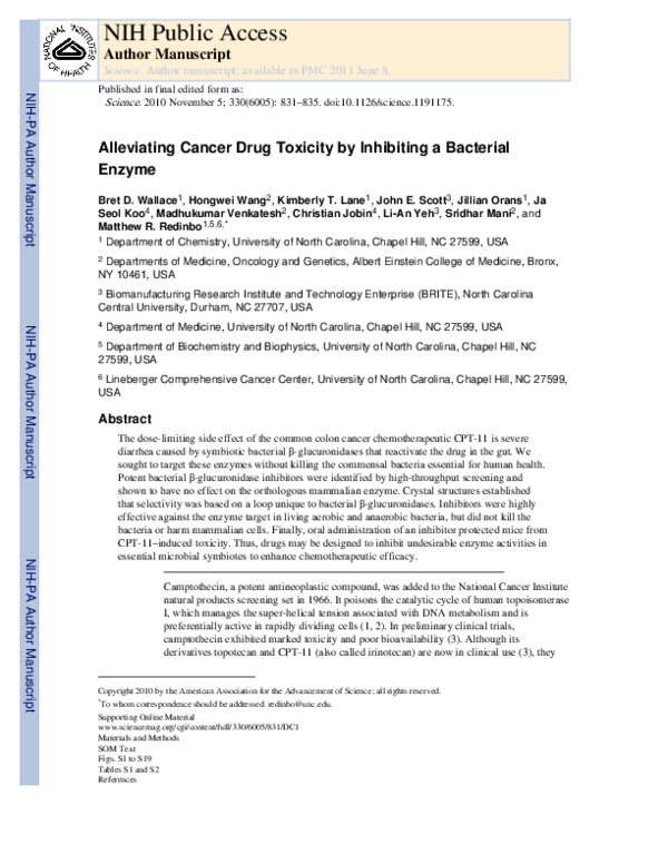 (PDF) Alleviating Cancer Drug Toxicity by Inhibiting a Bacterial Enzyme