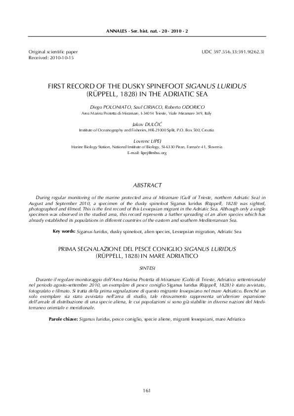 (PDF) First Record of the Dusky Spinefoot Siganus Luridus (Rüppell ...