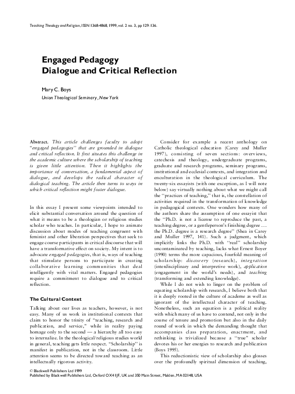 (PDF) Engaged Pedagogy Dialogue and Critical Reflection