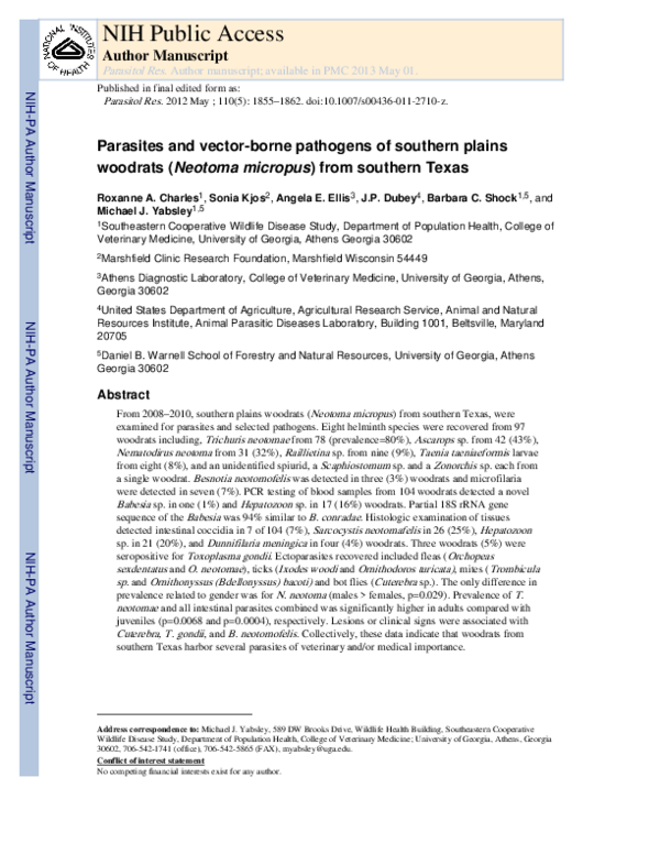 (PDF) Parasites and vector-borne pathogens of southern plains woodrats ...