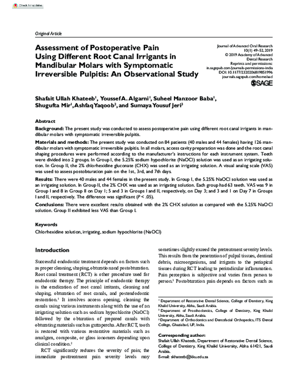 (PDF) Assessment of Postoperative Pain Using Different Root Canal Irrigants in Mandibular Molars ...