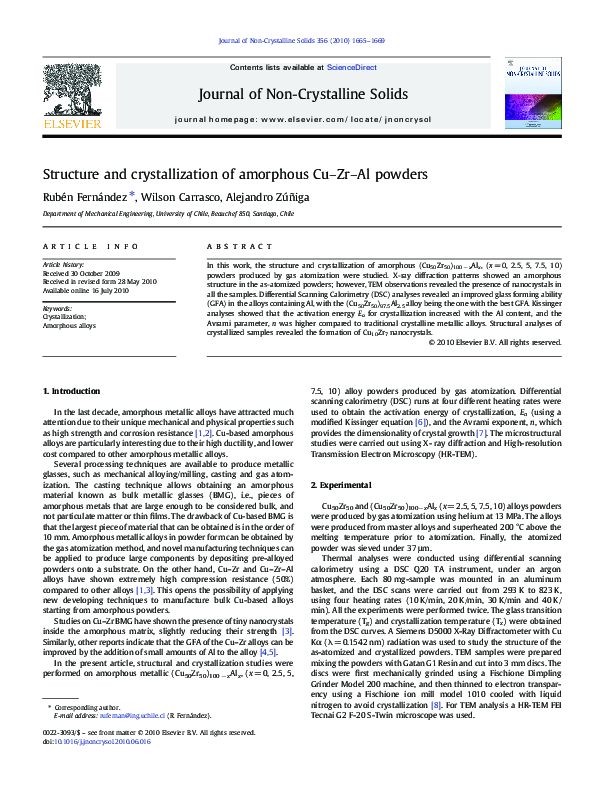 Structure and crystallization of amorphous Cu–Zr–Al powders