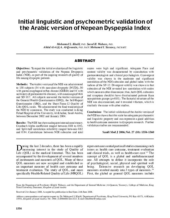 (PDF) Initial linguistic and psychometric validation of the Arabic version of Nepean Dyspepsia Index