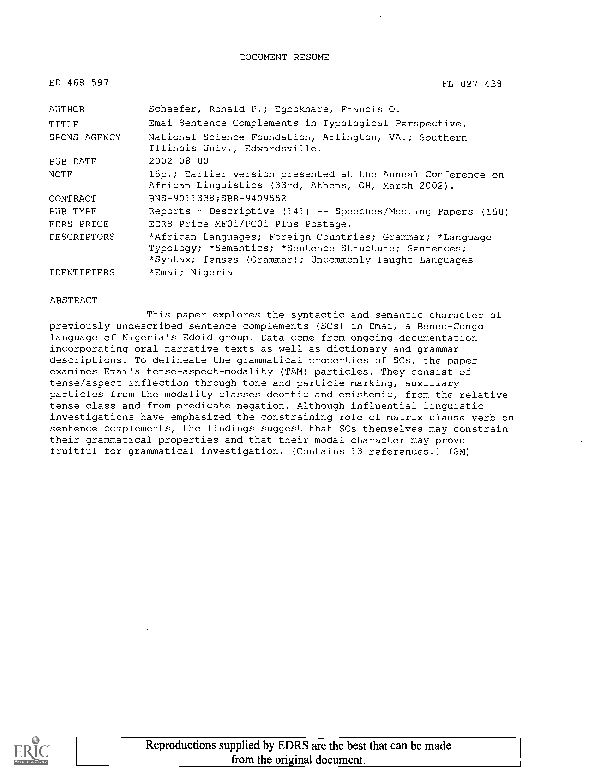 (PDF) Emai Sentence Complements in Typological Perspective