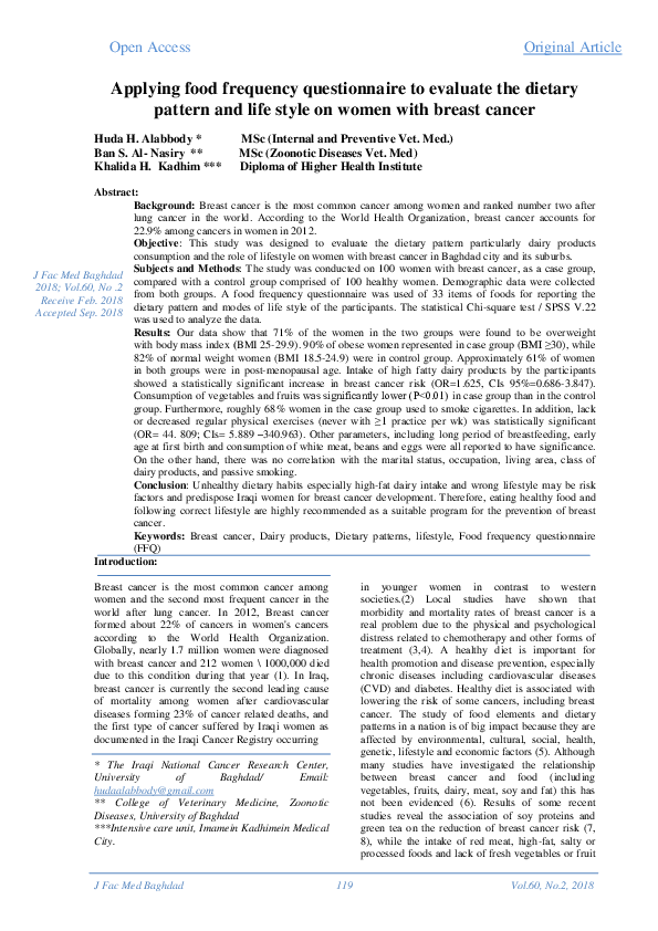 Pdf Applying Food Frequency Questionnaire To Evaluate The Dietary