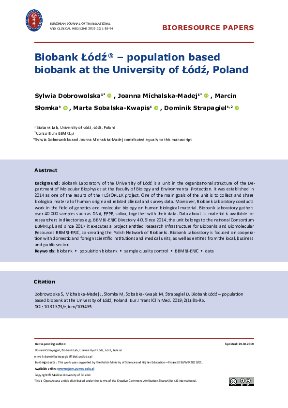 (PDF) Biobank Lodz – population based biobank at the University of Lodz ...
