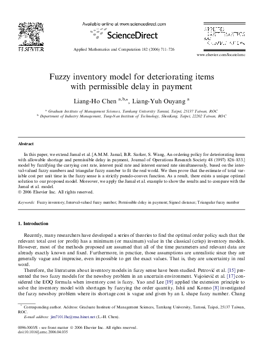 Pdf Fuzzy Inventory Model For Deteriorating Items With Permissible Delay In Payment