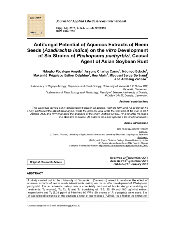 (PDF) Antifungal Potential of Aqueous Extracts of Neem Seeds (Azadirachta indica) on the vitro ...