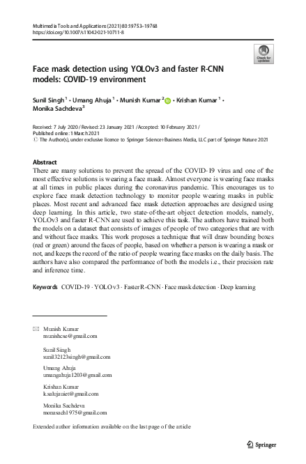 (PDF) Face mask detection using YOLOv3 and faster R-CNN models: COVID ...