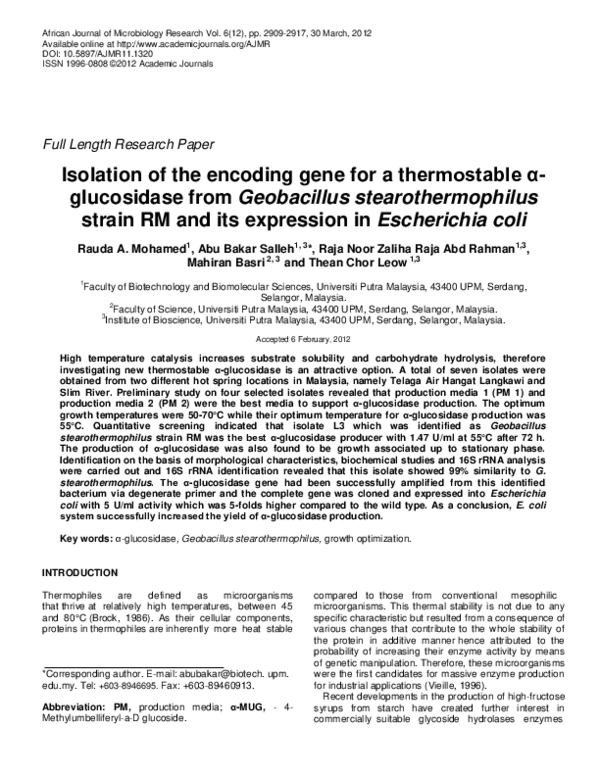 (PDF) Isolation of the encoding gene for a thermostable α-glucosidase from Geobacillus ...