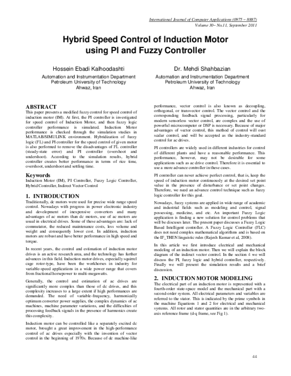 Pdf Hybrid Speed Control Of Induction Motor Using Pi And Fuzzy Controller