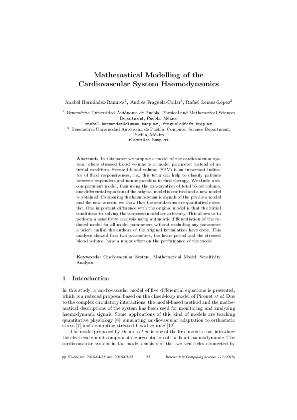 (PDF) Mathematical Modelling of the Cardiovascular System Haemodynamics