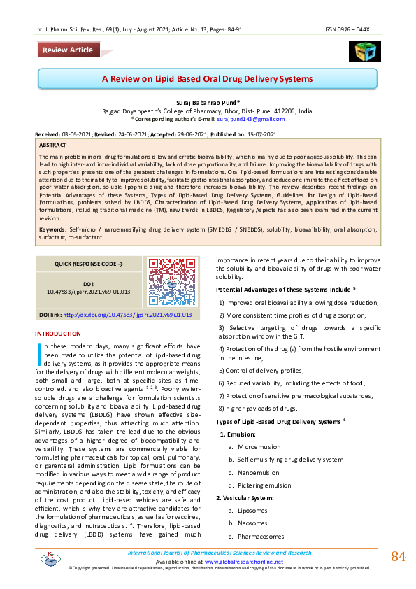 (PDF) A Review on Lipid Based Oral Drug Delivery Systems