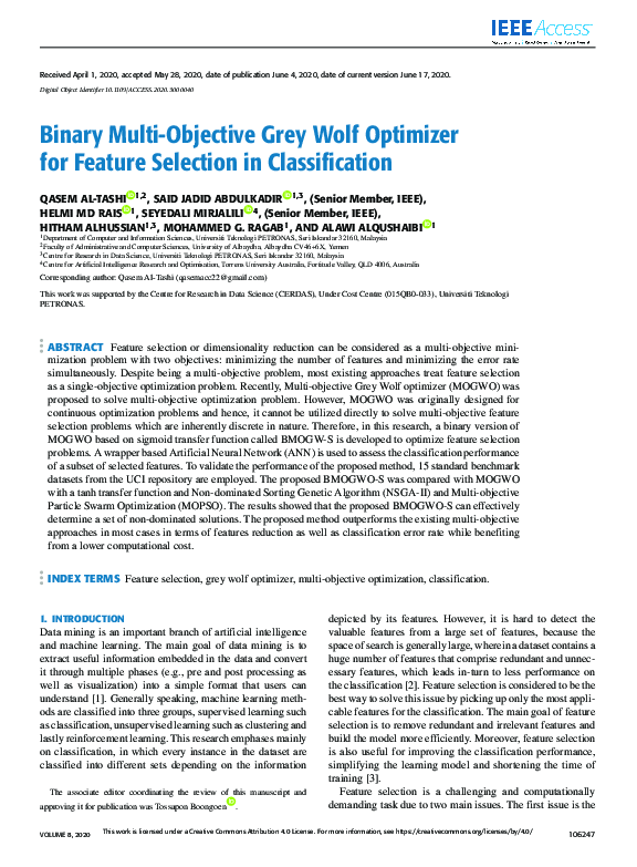 (PDF) Binary Multi-Objective Grey Wolf Optimizer for Feature Selection ...