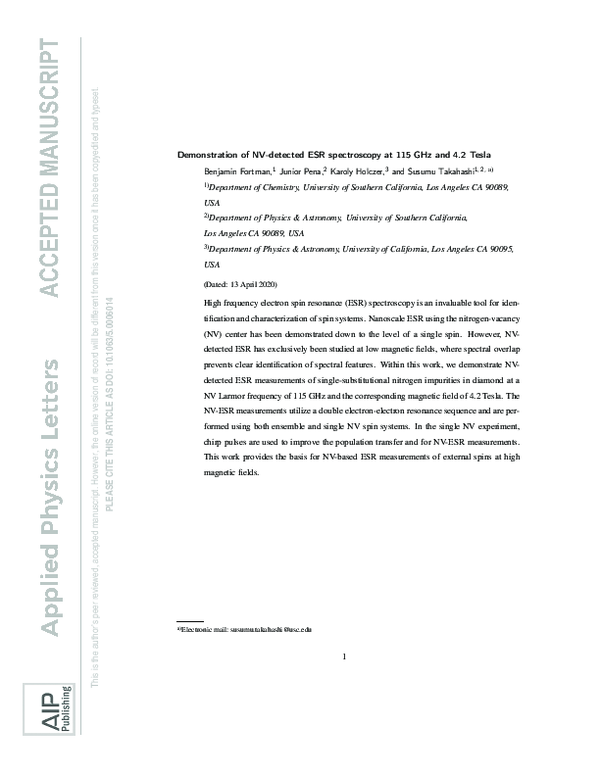 (PDF) Demonstration of NV-detected ESR spectroscopy at 115 GHz and 4.2 T