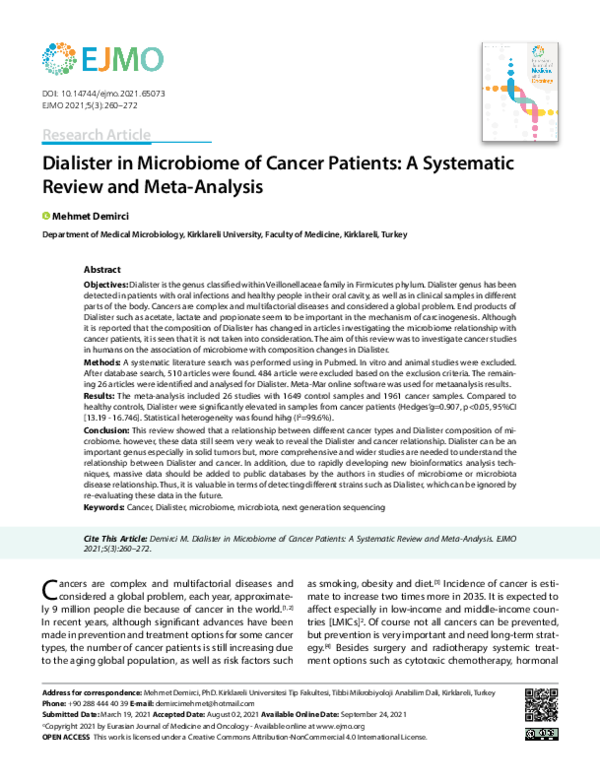 (PDF) Dialister in Microbiome of Cancer Patients A Systematic Review ...